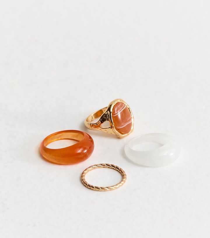 Pack of 4 Gold Tone and Resin Rings | New Look