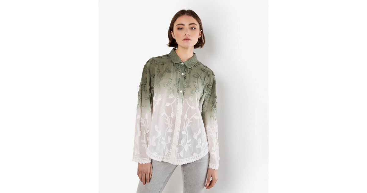 Apricot Khaki Gradient Effect Floral Embroidered Shirt | New Look
