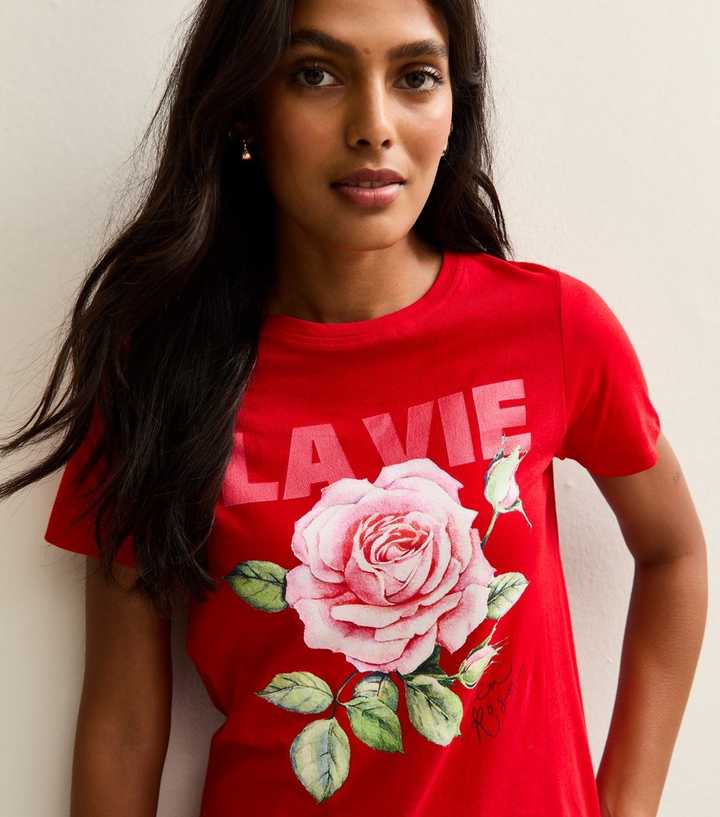 Bright Red La Vie Rose Print Relaxed T-Shirt | New Look
