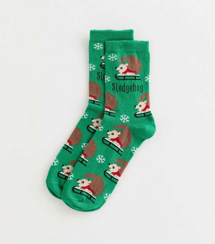 Mid Green Sledgehog Christmas Ankle Sock | New Look