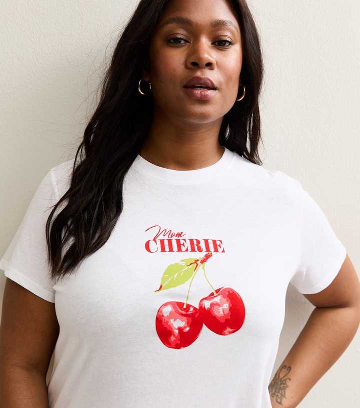 Curves White Mon Cherie Cherry Print Relaxed T-Shirt | New Look