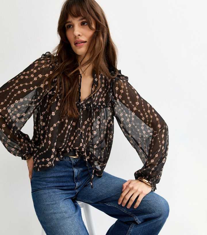 Tall Black Semi Sheer Floral Print Ruffle Bib Blouse | New Look