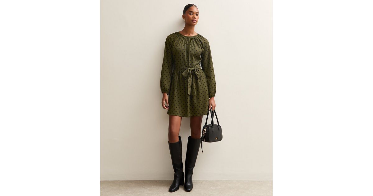 Green Polka Dot Print Belted Mini Dress | New Look