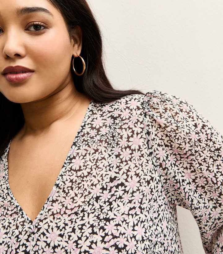 Curves Light Pink Daisy V- Neck Sheer Chiffon Tea Blouse | New Look