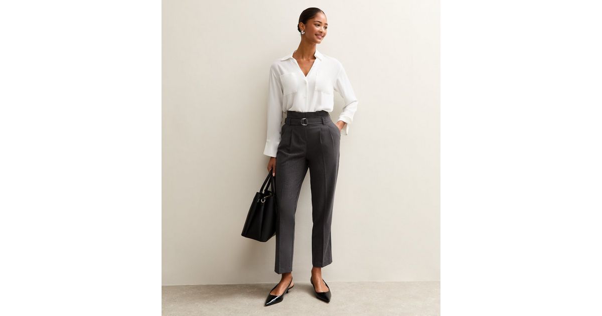 Dark Grey Paperbag Waist Tapered Trousers | New Look