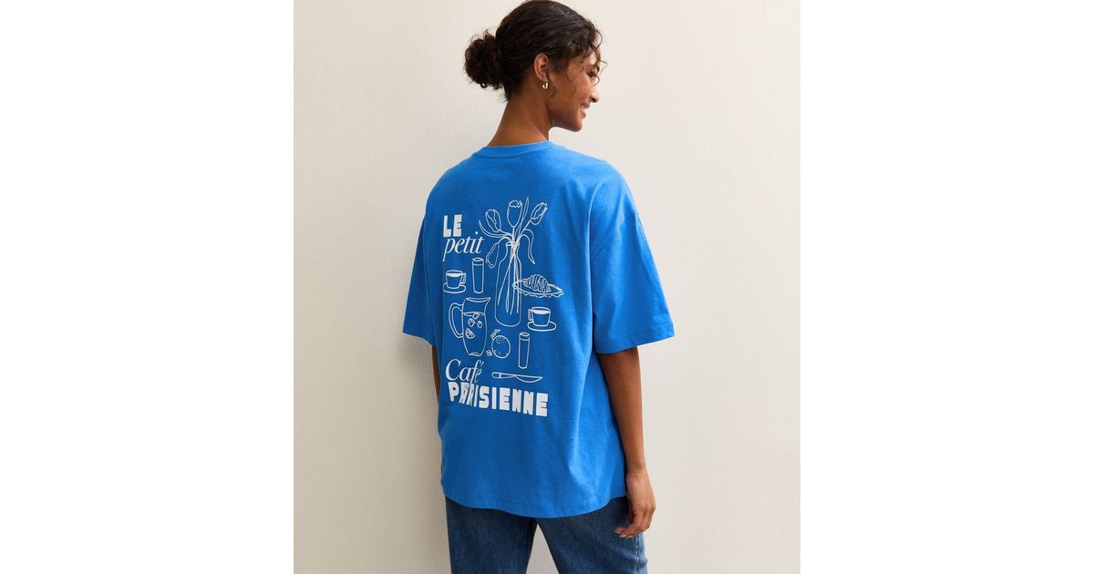 Bright Blue Le Petit Cafe Print Oversized T-Shirt | New Look
