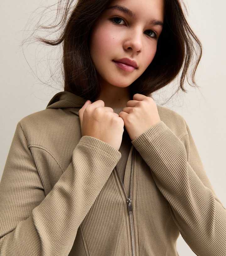 Girls Camel Waffle Texture Zip Up Hoodie | New Look
