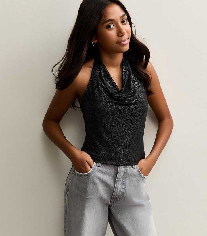 Girls Black Sparkly Cowl Neck Top | New Look