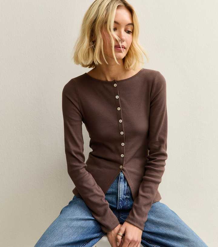 Brown Button Through Long Sleeve Top | New Look