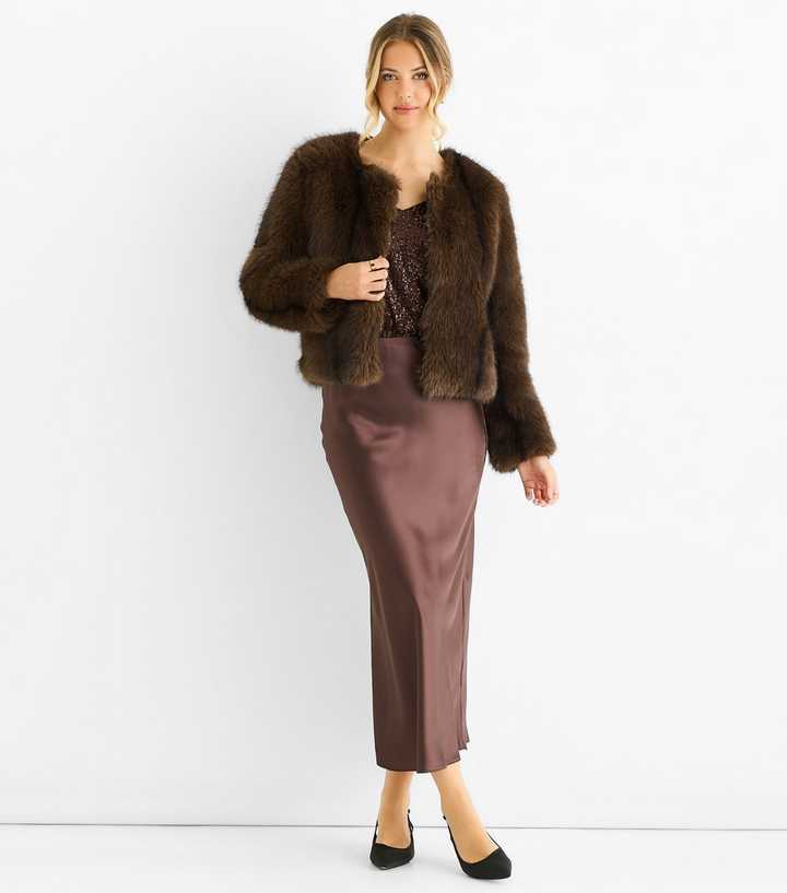 Gini London Brown Faux Fur Cropped Jacket | New Look