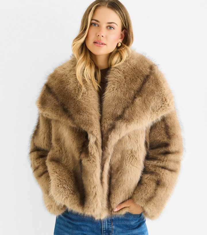 Gini London Camel Oversized Lapel Faux Fur Jacket | New Look