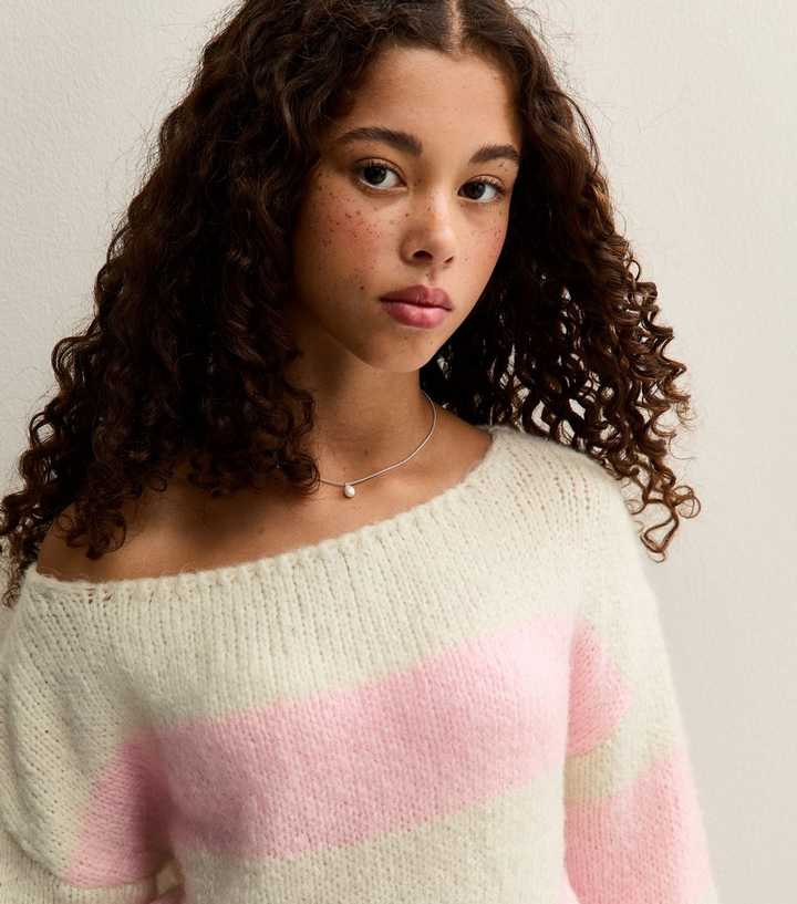Girls Pink Striped Slash Neck Jumper | New Look
