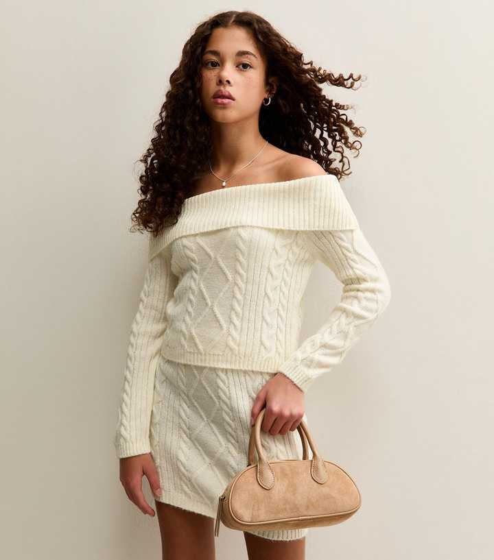 Girls Cream Cable Knit Off Shoulder Jumper | New Look