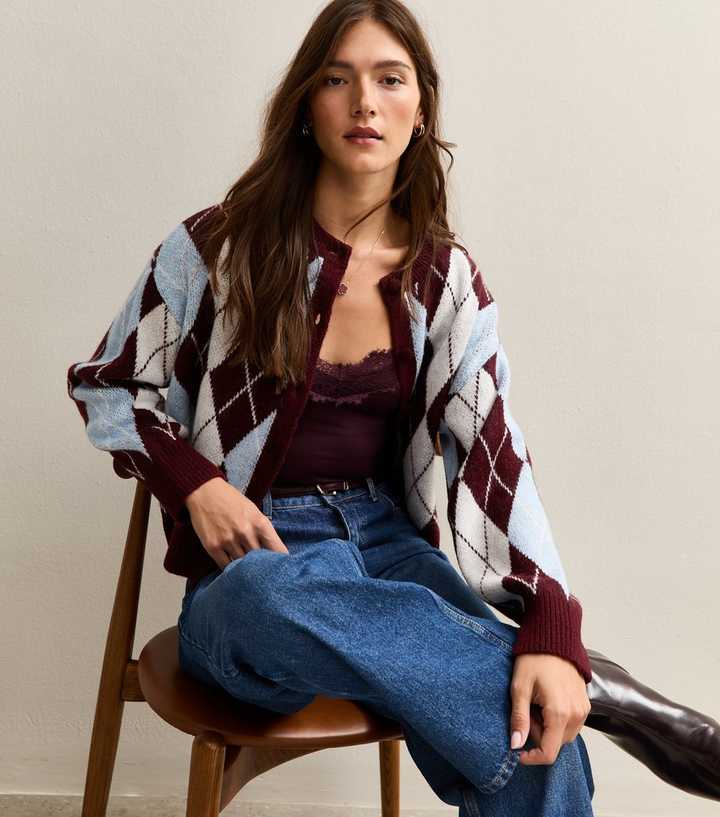 Blue Argyle Knit Crew Neck Cardigan | New Look