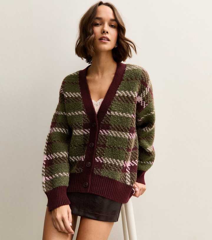 Green Check Pattern Knitted Boyfriend Cardigan | New Look