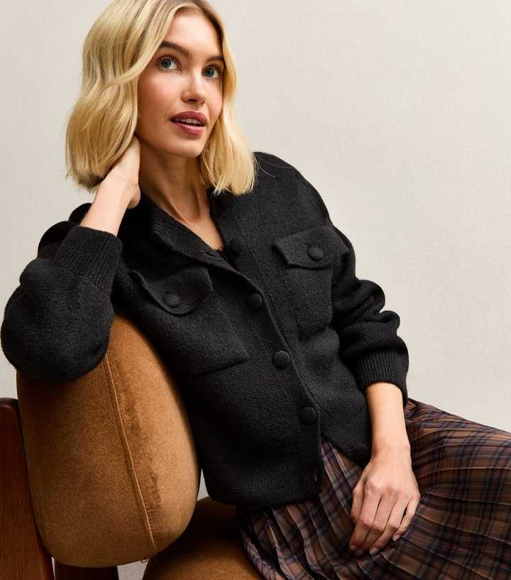 Black Flap Pocket Knitted Bomber Jacket | New Look