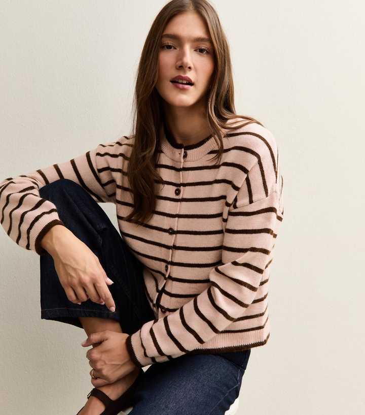 Pink Striped Crew Neck Cardigan | New Look