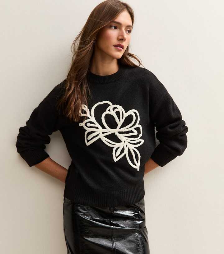 Black Contrast Floral Embroidered Jumper | New Look