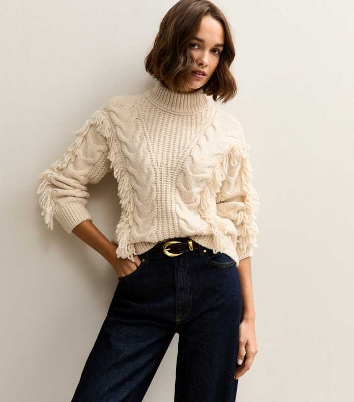 Cream Cable Knit Looped Fringe Jumper | New Look