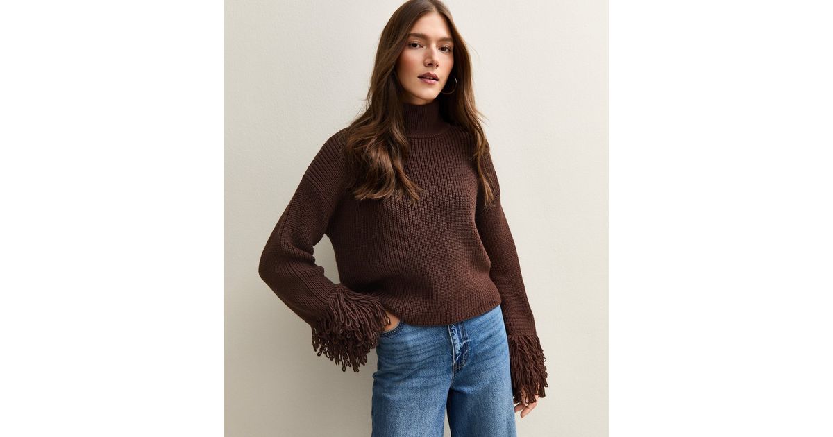 Dark Brown Looped Fringe Cuff Jumper | New Look
