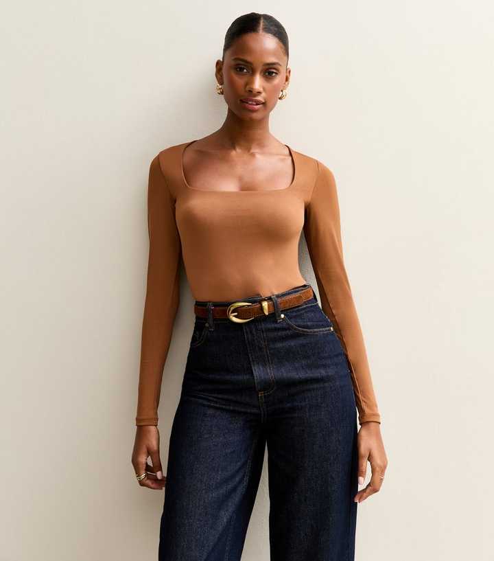 Brown Slinky Jersey Square Neck Long Sleeve Bodysuit | New Look