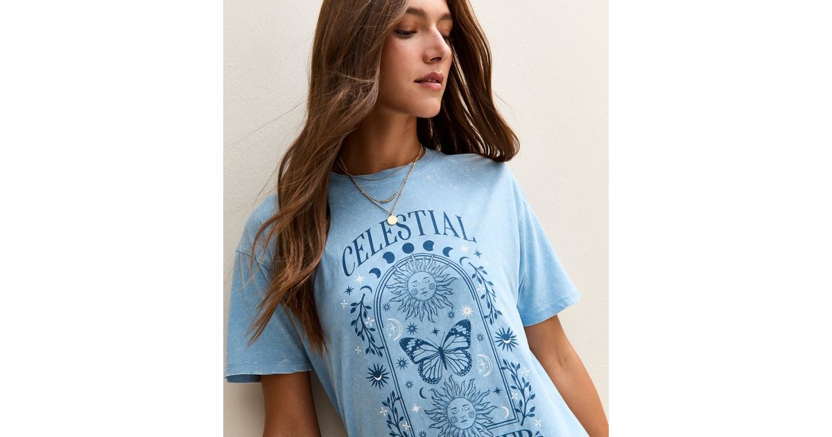 Light Blue Acid Mystic Oversized T-Shirt | New Look