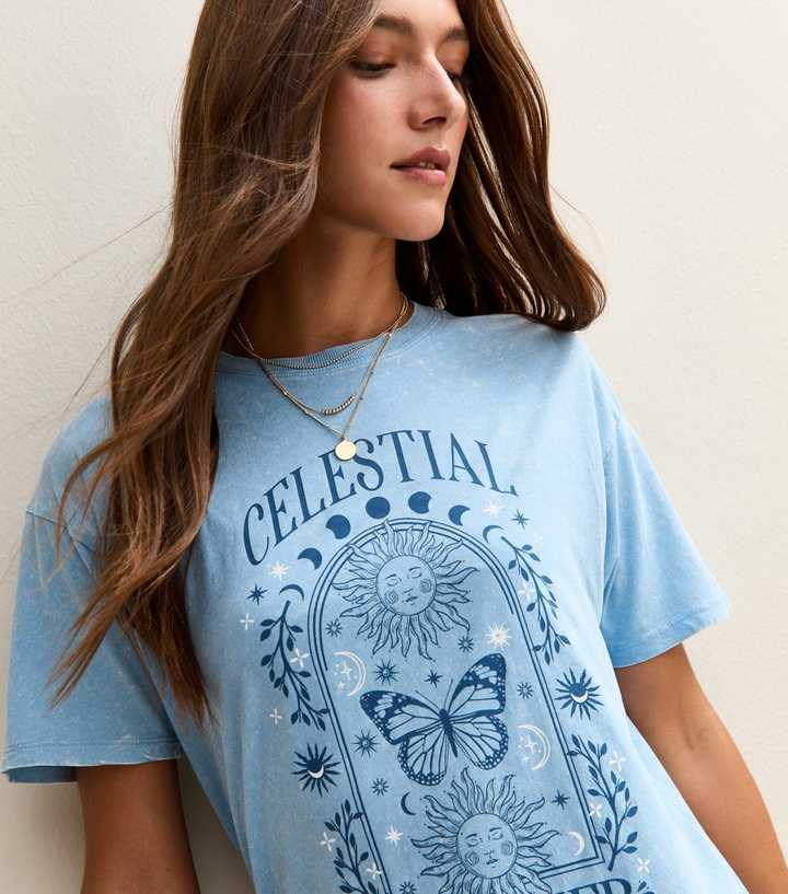 Light Blue Acid Mystic Oversized T-Shirt | New Look