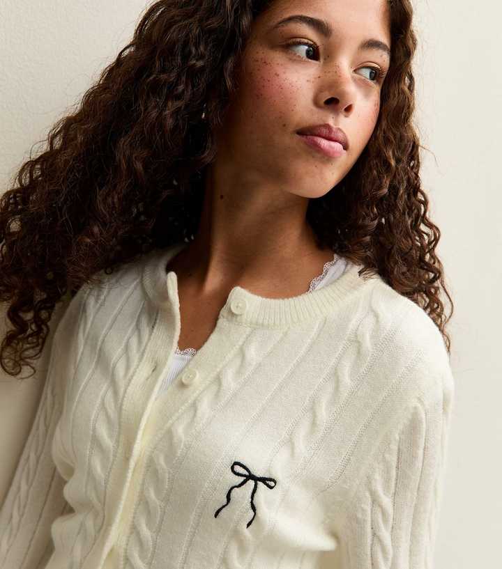 Girls Cream Embroidered Bow Cable Knit Cardigan | New Look