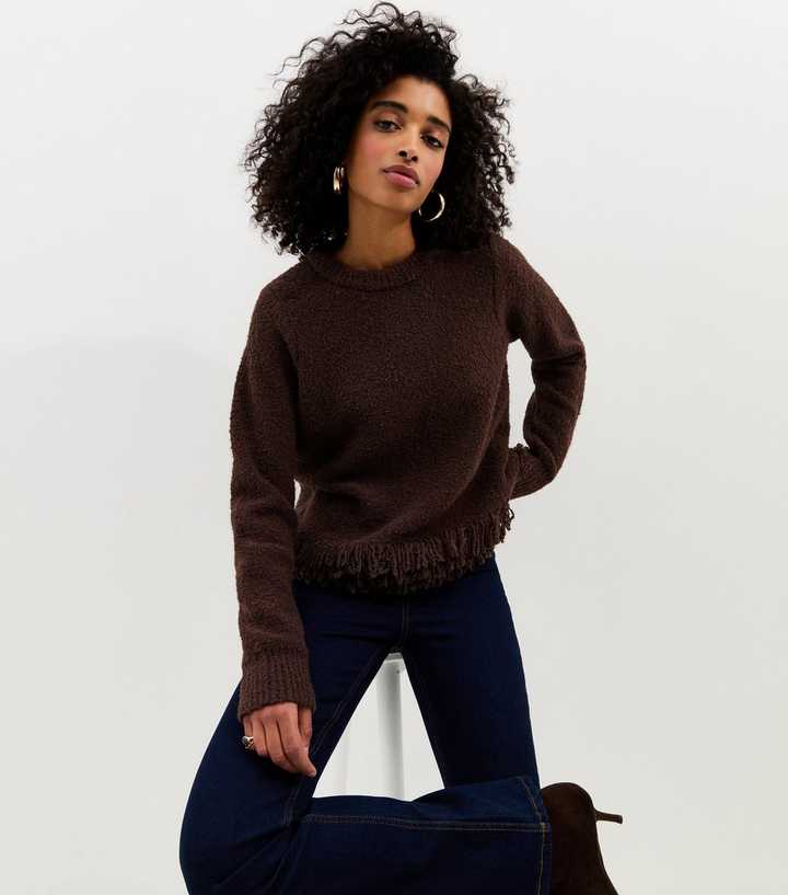 Dark Brown Boucle Fringe Hem Jumper | New Look