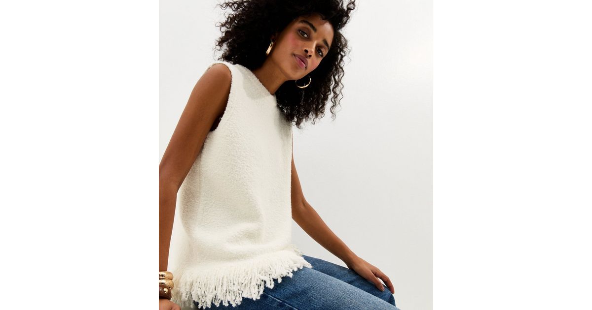 Cream Boucle Fringed Hem Tabard Top | New Look