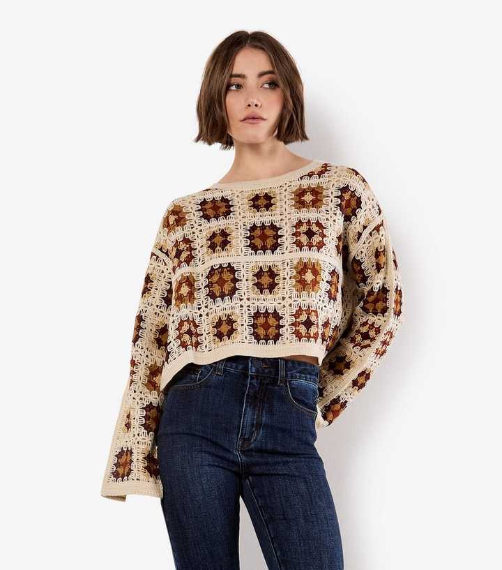 Apricot Stone Crochet Square Pattern Jumper | New Look