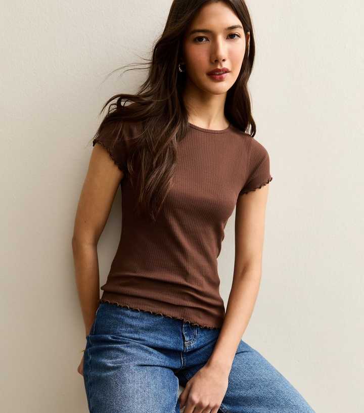 Dark Brown Short Sleeve Frilly Trimmed Top | New Look