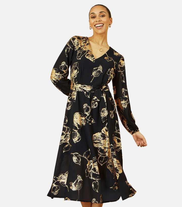 Yumi Black Foil Long Sleeve Midi Dress | New Look