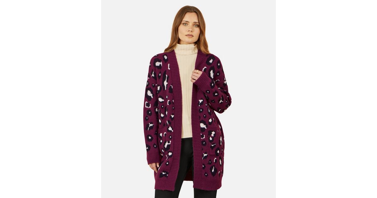 Yumi Burgundy Leopard Print Knit Longline Cardigan | New Look