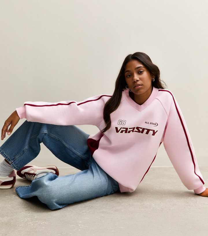 Girls Light Pink Varsity Logo V Neck Sweatshirt | New Look