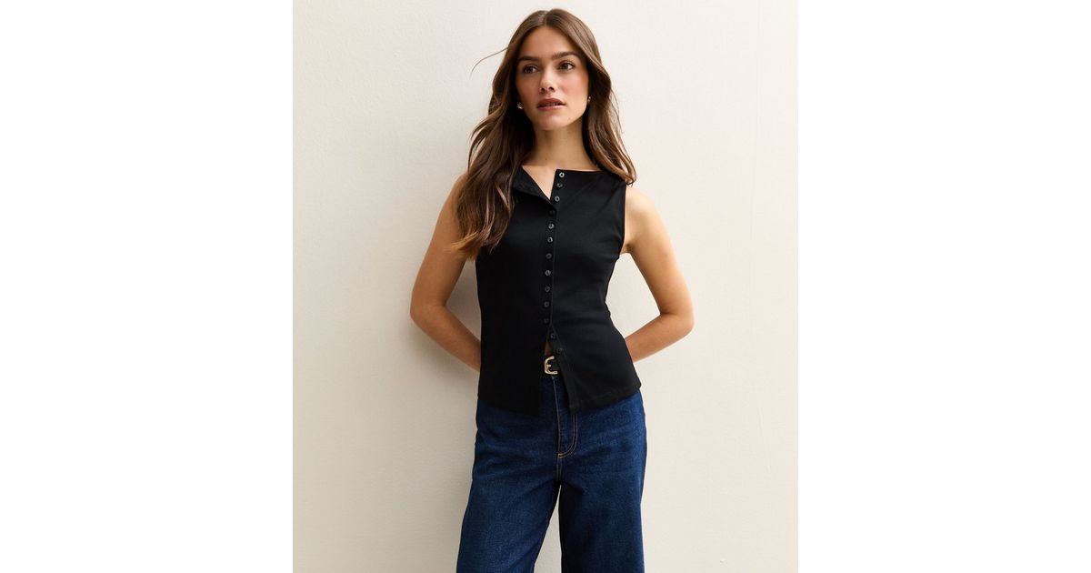 Petite Black Button Through Tank Top | New Look