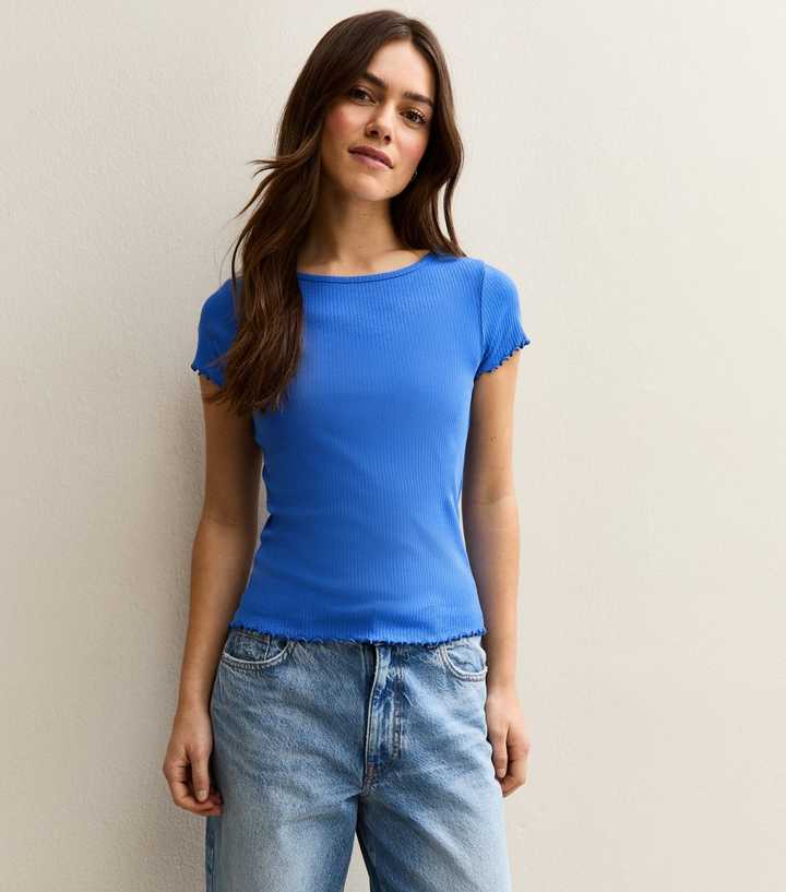 Petite Blue Ribbed Babylock Tee | New Look