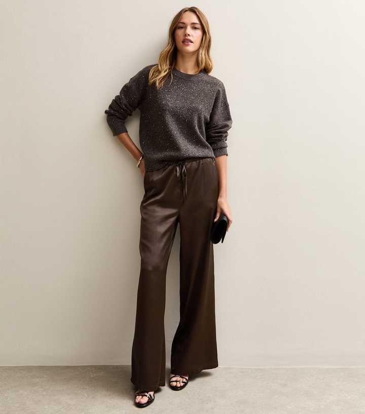 Dark Brown Satin Wide Leg Trousers | New Look