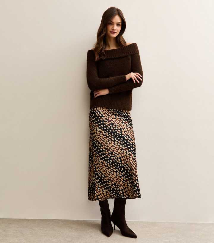 Tall Black Diagonal Spot Print Satin Bias Cut Midi Skirt | New Look