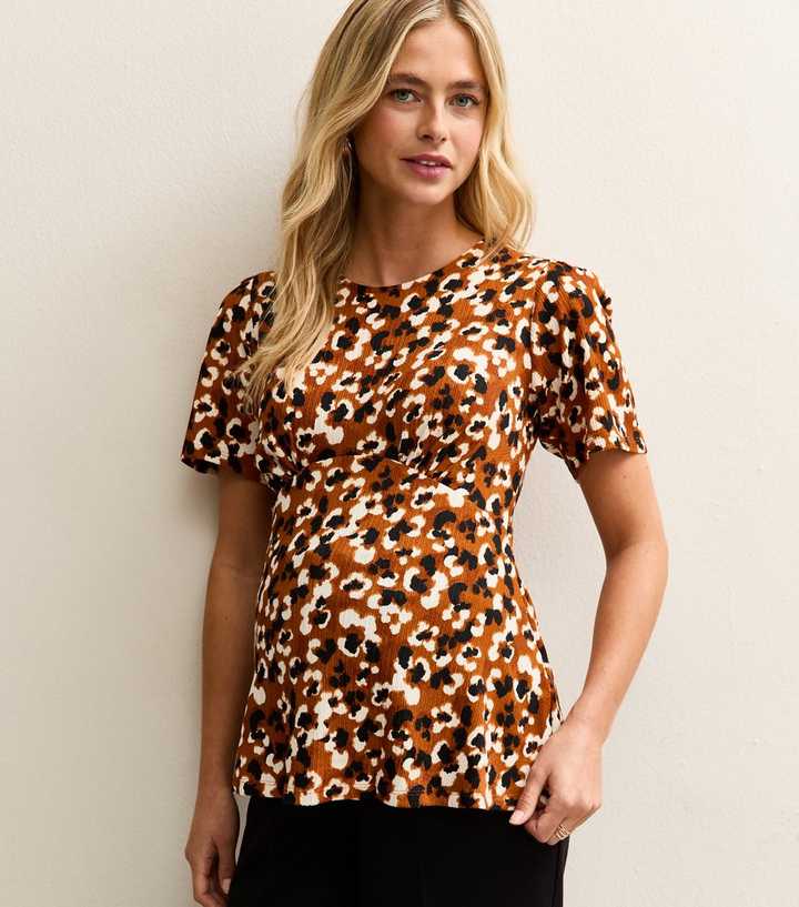 Maternity Brown Floral Textured Half Moon Waist Top | New Look