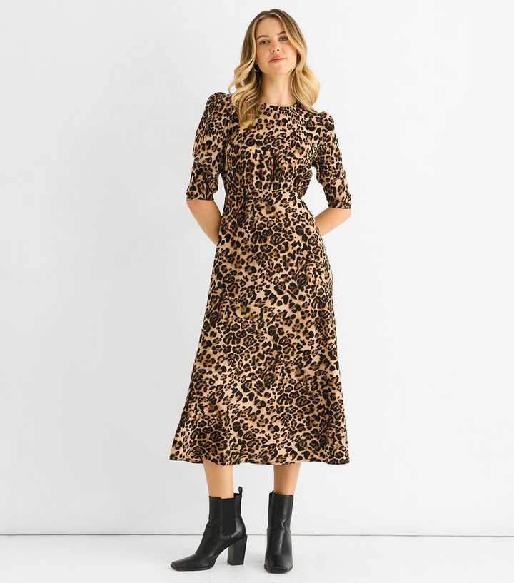 Gini London Brown Leopard Print Puff Sleeve Midi Dress | New Look