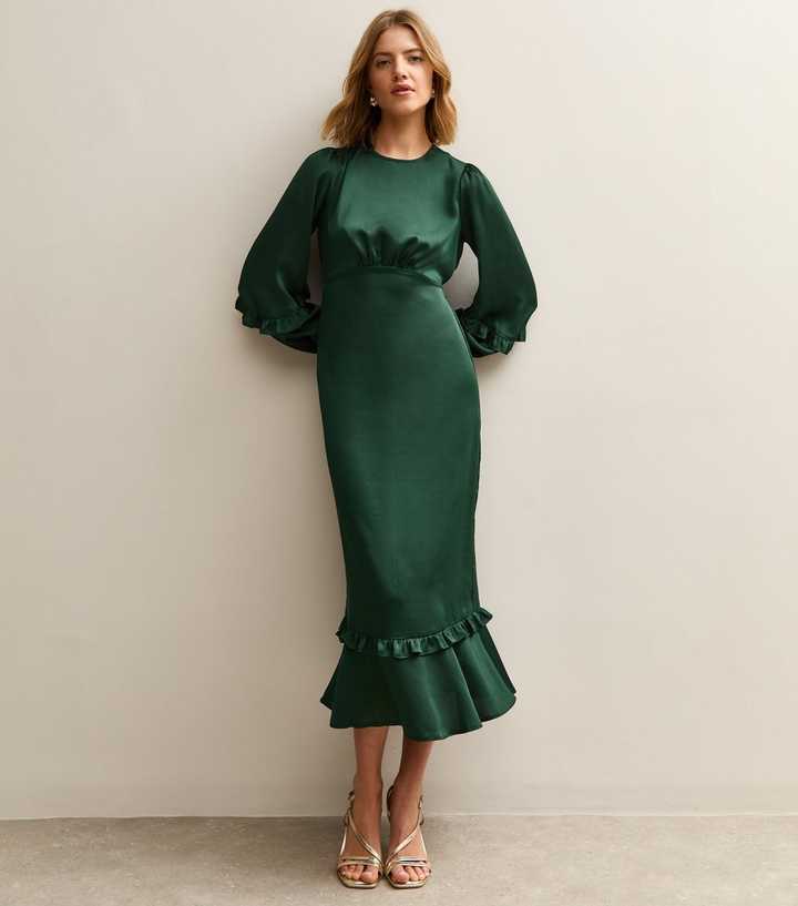 Dark Green Satin Frill Trim Midi Dress | New Look