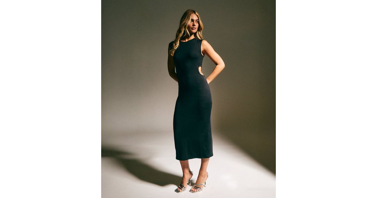 Black Side Cutout Diamante Chain Midi Dress | New Look