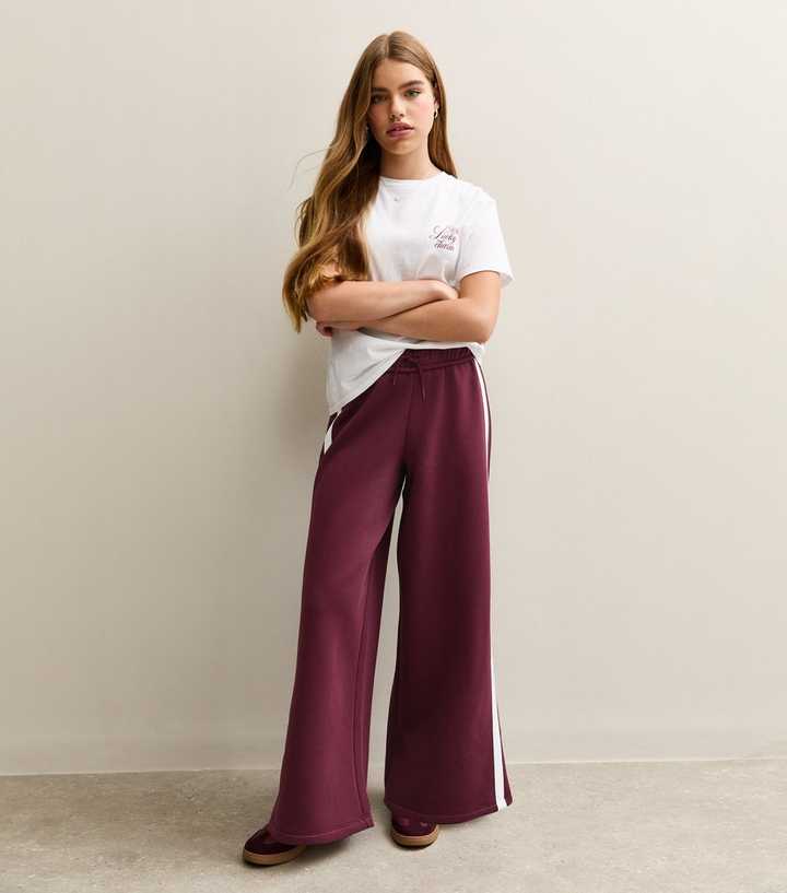 Girls Dark Burgundy Contrast Trim Super Wide Leg Joggers | New Look