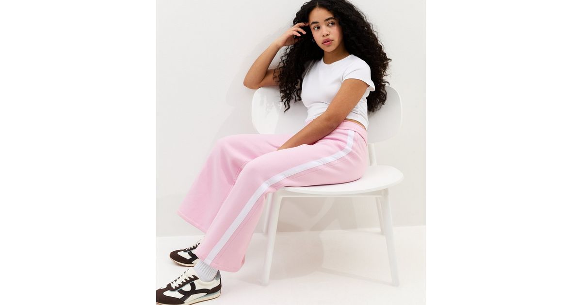 Girls Pink Fold Over Waistband Side Stripe Joggers | New Look