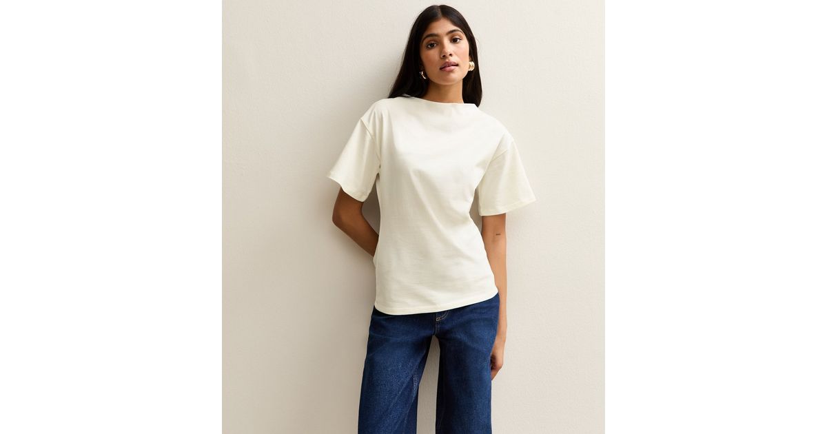 Cream Fitted Waist Slash Neck T-Shirt | New Look