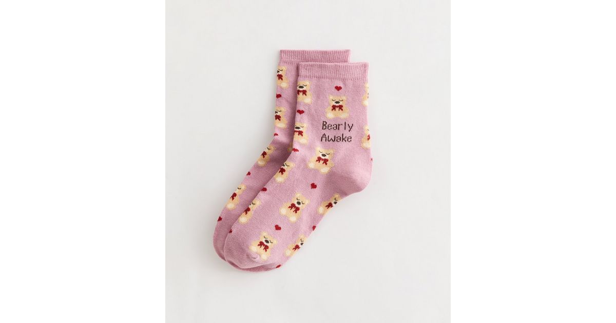 Pink Bearly Awake Teddy Bear Socks | New Look