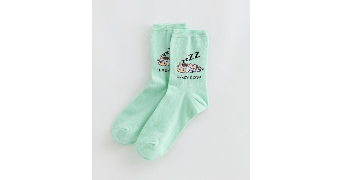 Mint Green Lazy Cow Ankle Socks | New Look