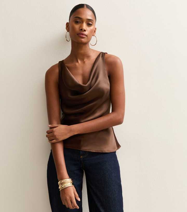 Dark Brown Satin Cowl Neck Cami Top | New Look
