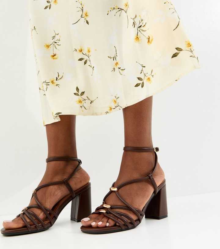 Dark Brown Faux Leather Strappy Hardware Block Heel Sandals | New Look